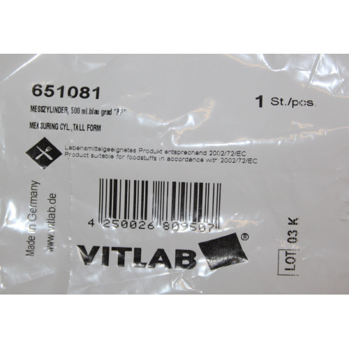 Цилиндр мерный VITLAB, 500 мл, класс B, синяя шкала, PP